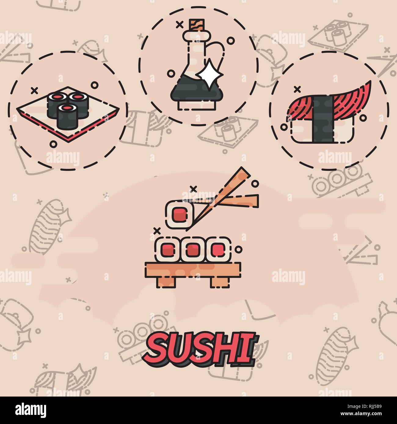 Sushi flat concept icons. Seafood sign. Vector illustration, EPS 10 ...