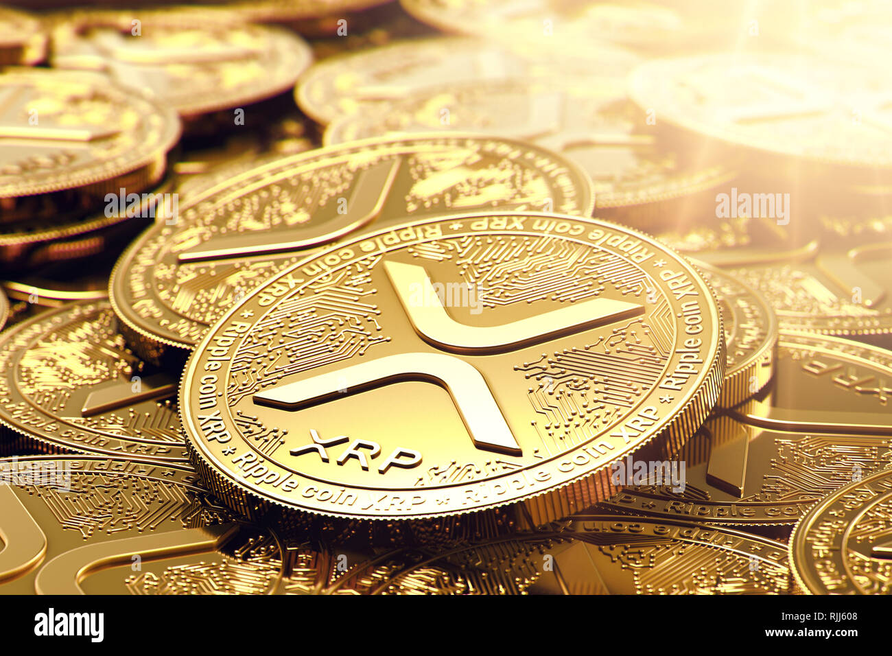 Stack of golden Ripple XRP coins in blurry closeup. Bright sun flare as a sign of growth. 3D ...