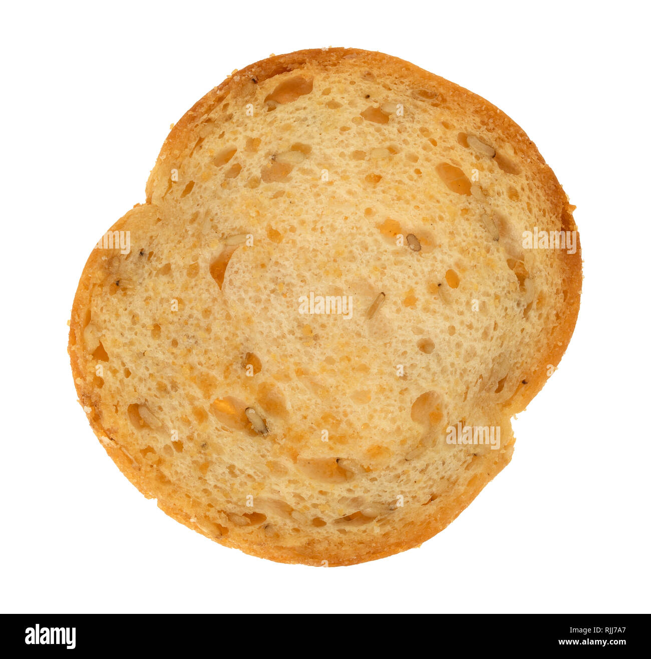 Overhead view of a single sesame round melba toast isolated on a white ...