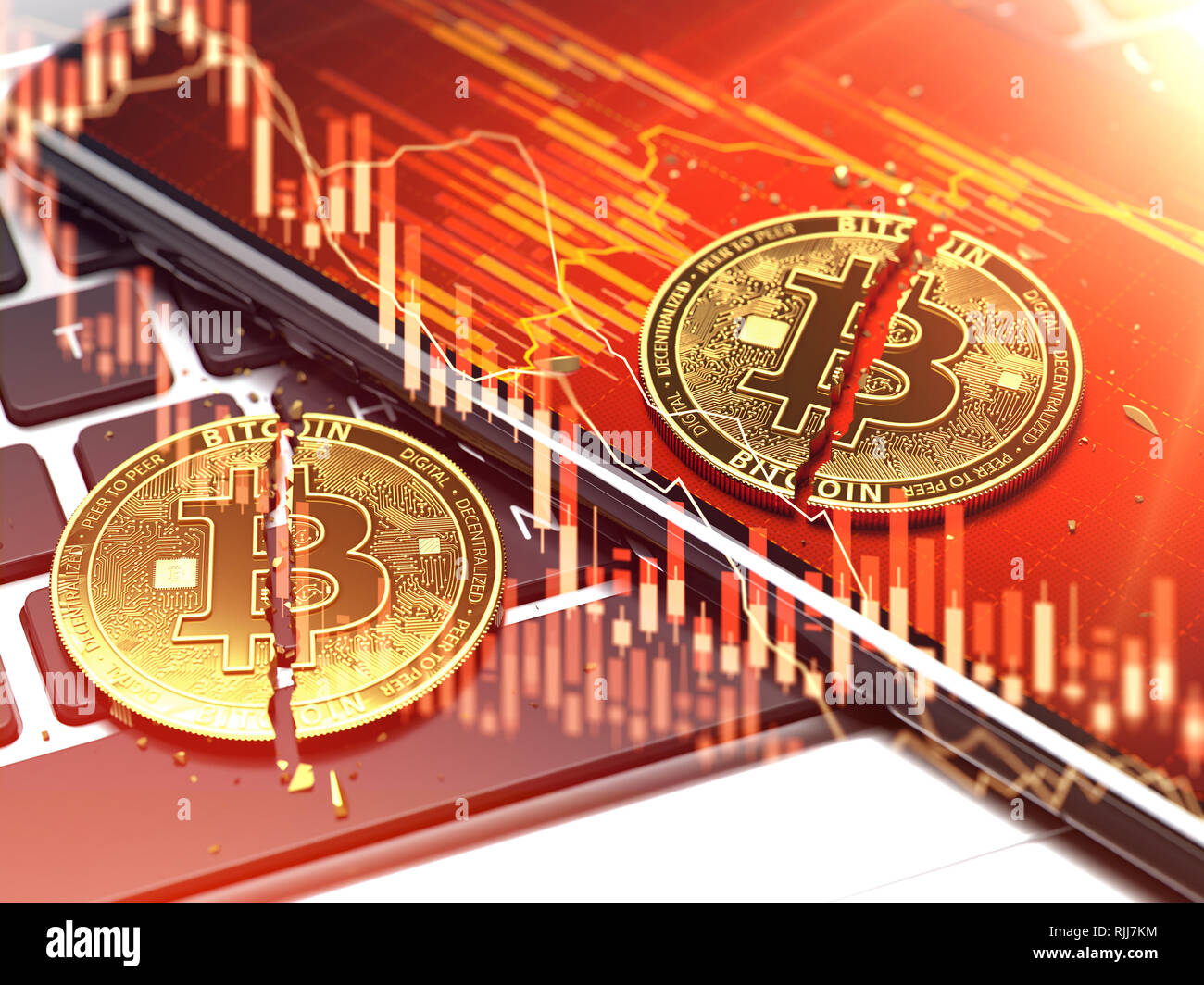 Two golden bitcoin coins laying on smartphone screen with red diagrams overlay. Bitcoin price ...