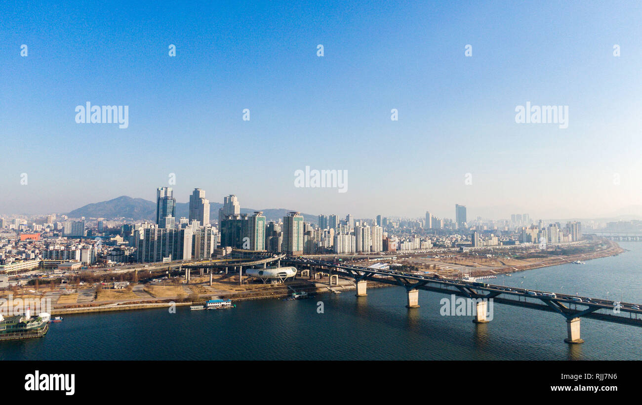 Seoul, view of the city from the drone. bridges across the river ...