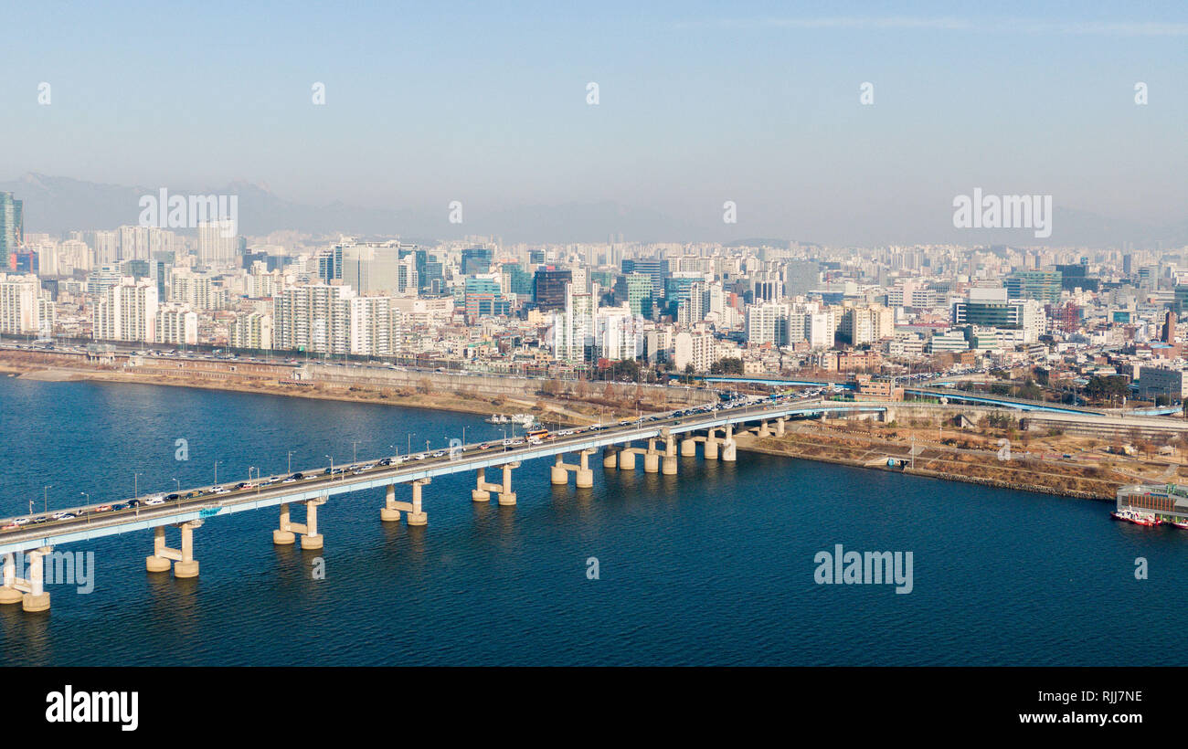Seoul, view of the city from the drone. bridges across the river ...