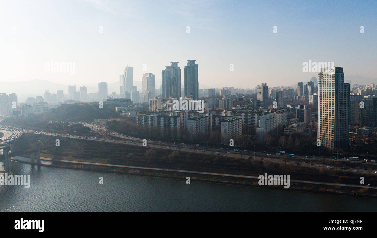 Seoul, view of the city from the drone. bridges across the river ...