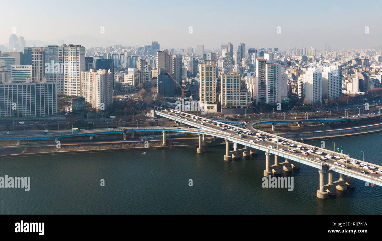 Seoul, view of the city from the drone. bridges across the river ...