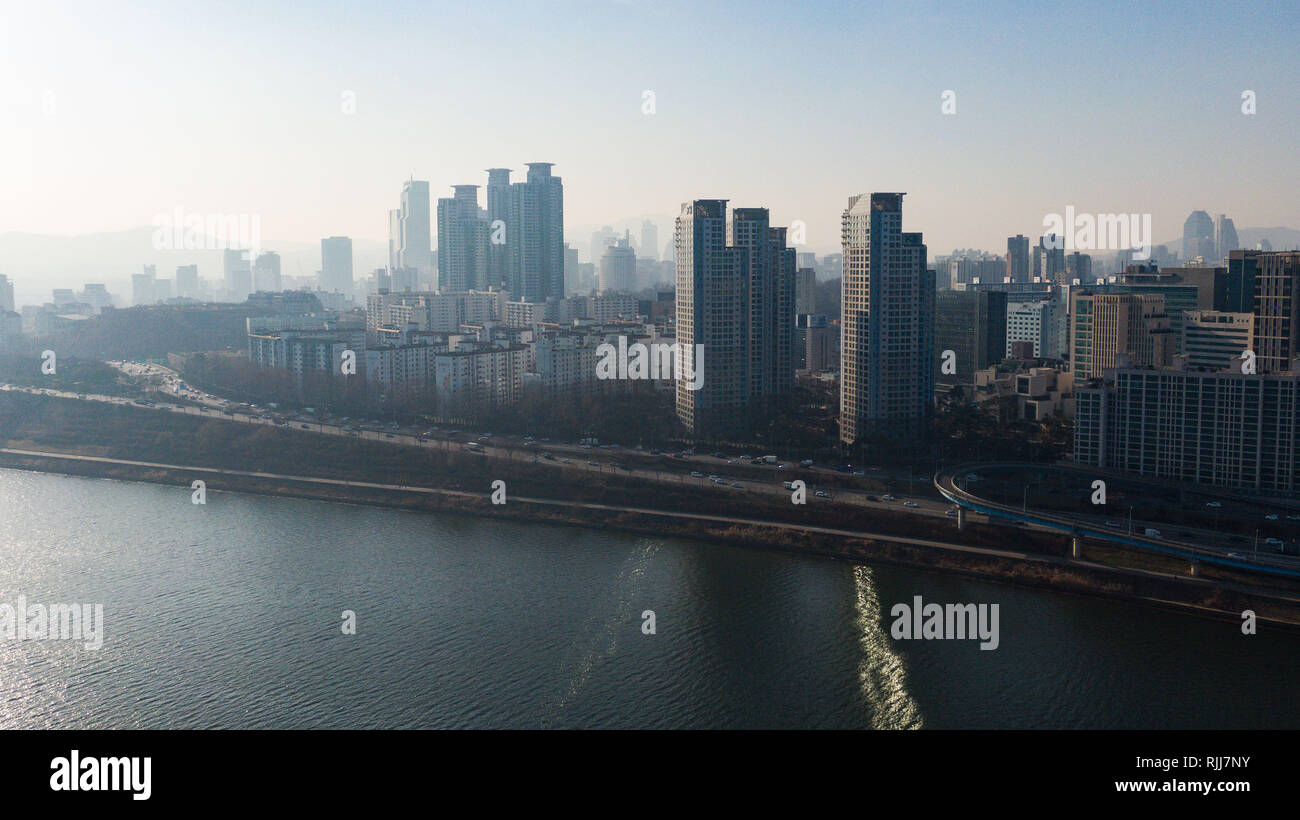 Seoul, view of the city from the drone. bridges across the river ...