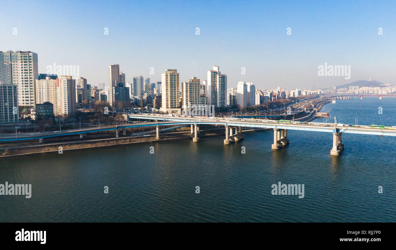 Seoul, view of the city from the drone. bridges across the river ...