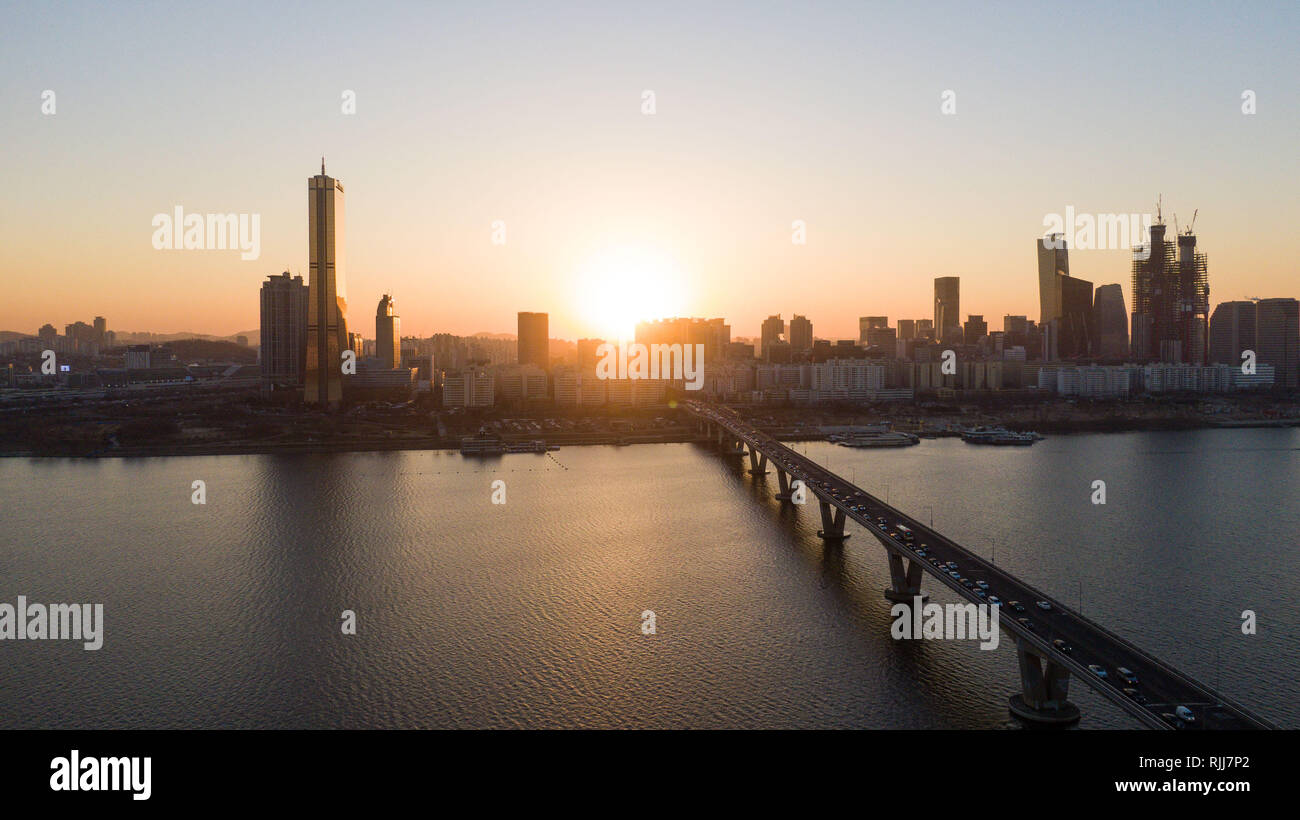 Seoul, view of the city from the drone. bridges across the river ...