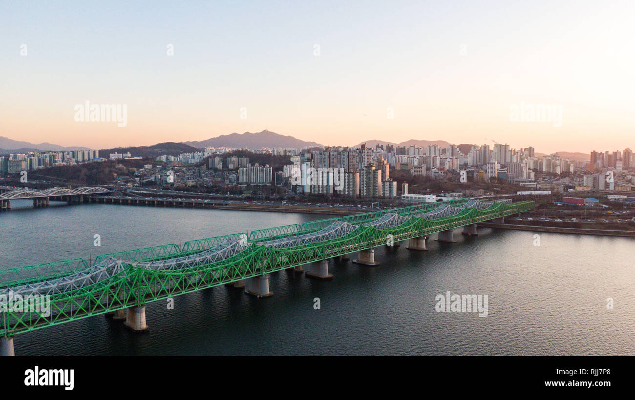 Seoul, view of the city from the drone. bridges across the river ...