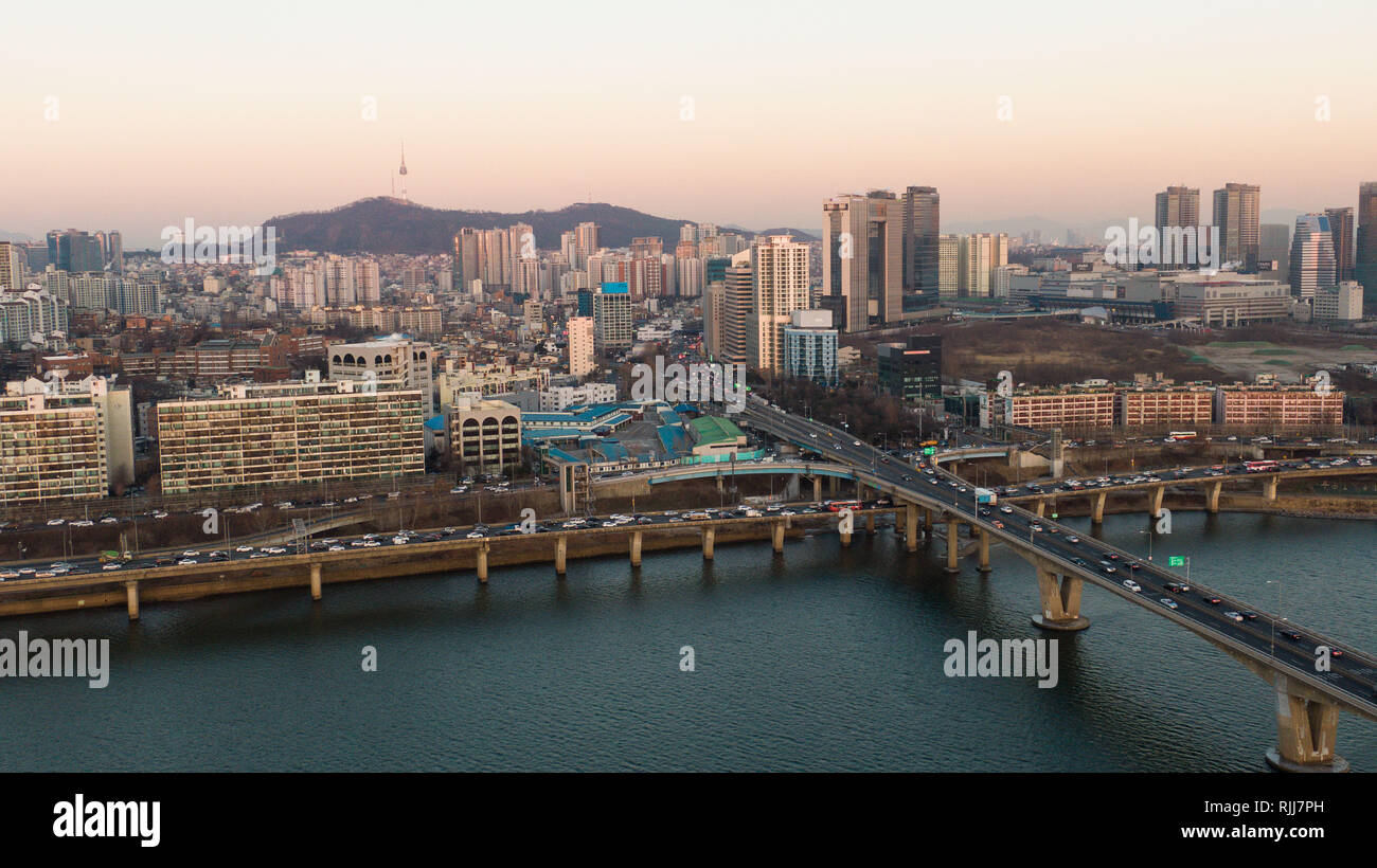 Seoul, view of the city from the drone. bridges across the river ...