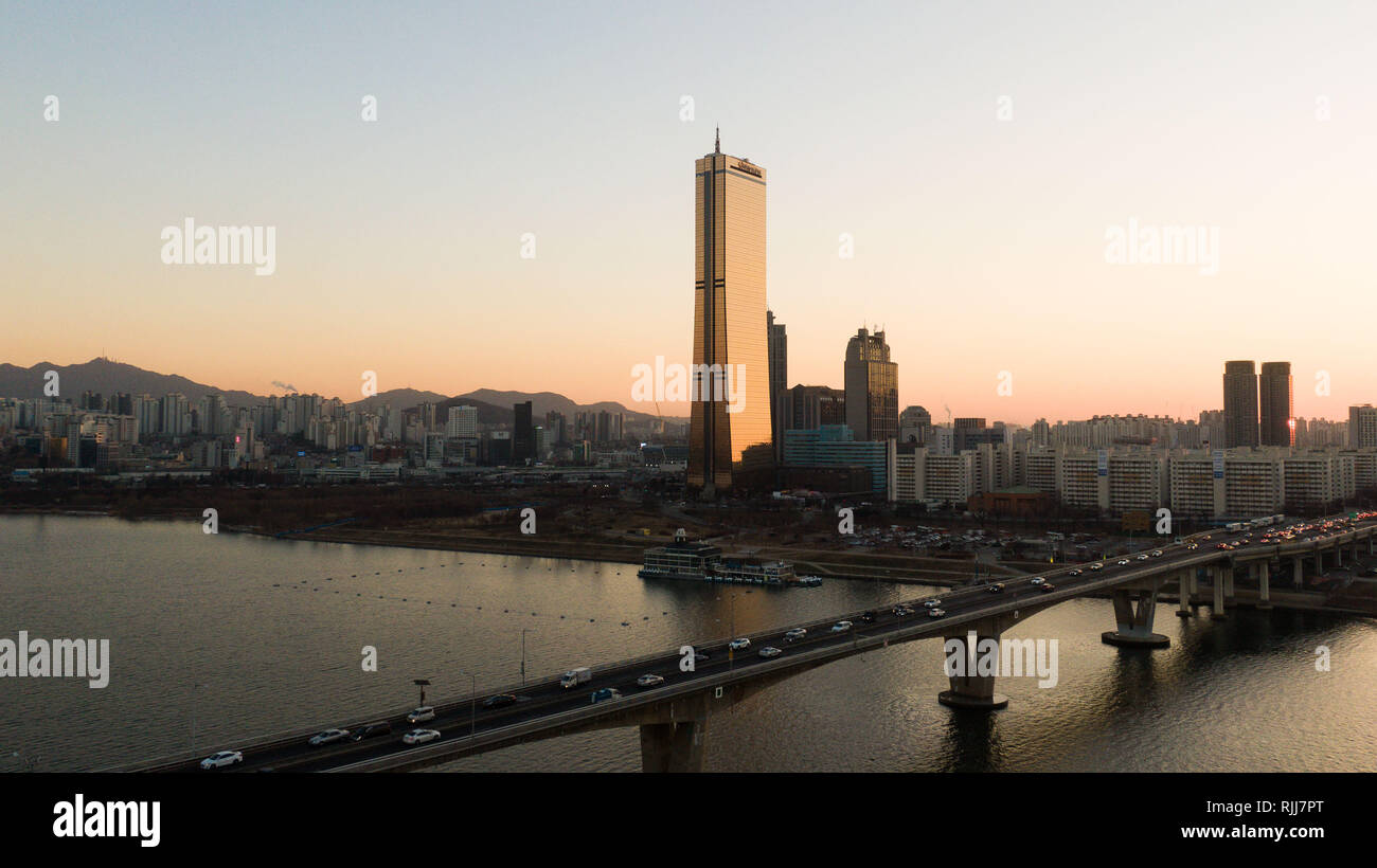Seoul, view of the city from the drone. bridges across the river ...