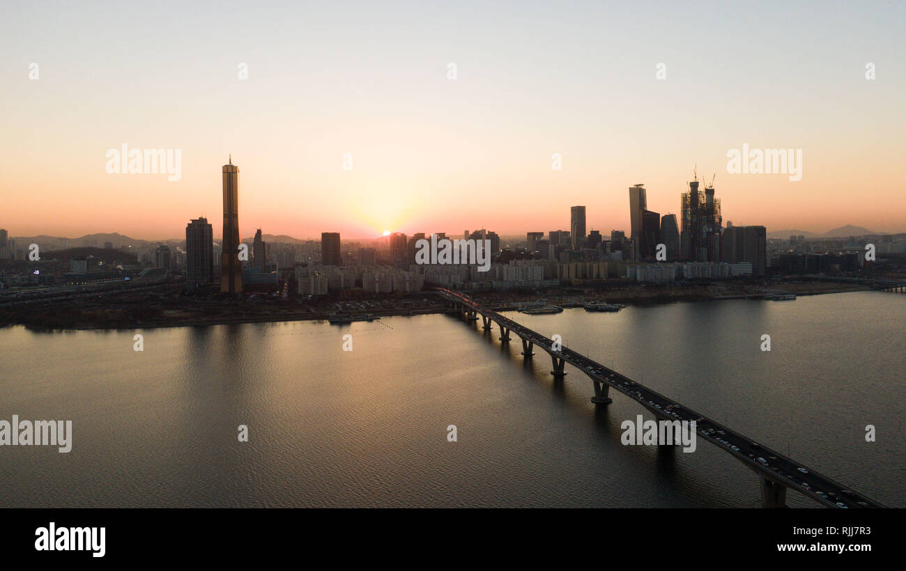 Seoul, view of the city from the drone. bridges across the river ...