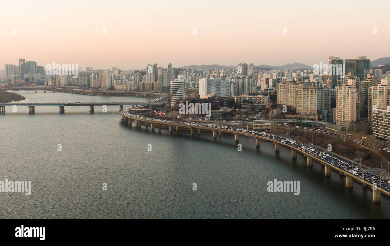 Seoul, view of the city from the drone. bridges across the river ...