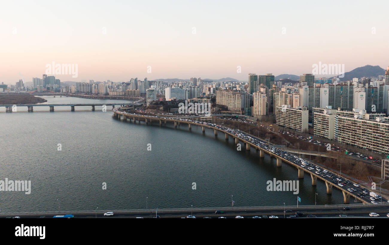 Seoul, view of the city from the drone. bridges across the river ...