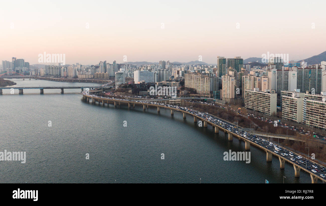 Seoul, view of the city from the drone. bridges across the river ...