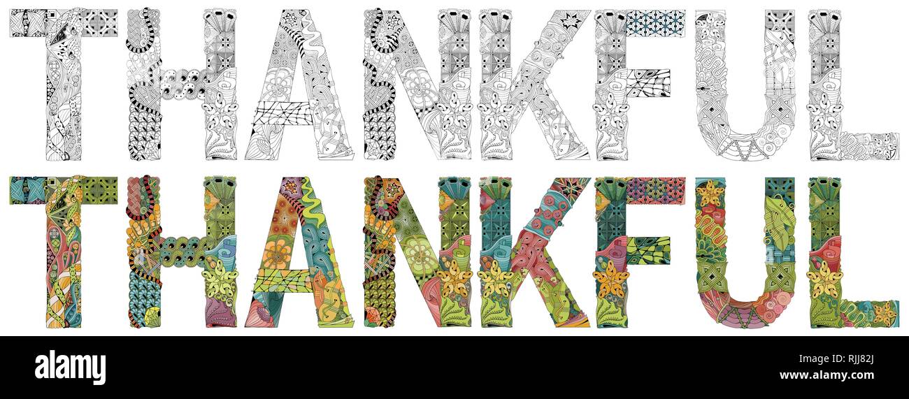 Hand-painted art design. Hand drawn illustration word THANKFUL for t ...