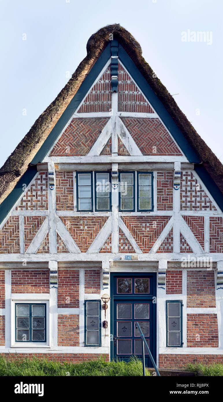Altländer farmhouse, half-timbered house with thatched roof ...