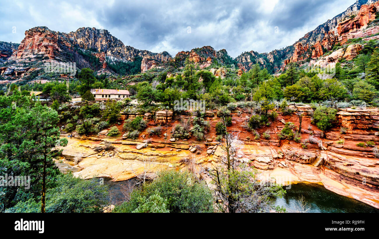 The colorful sandstone mountains and canyon carved by Oak Creek at ...