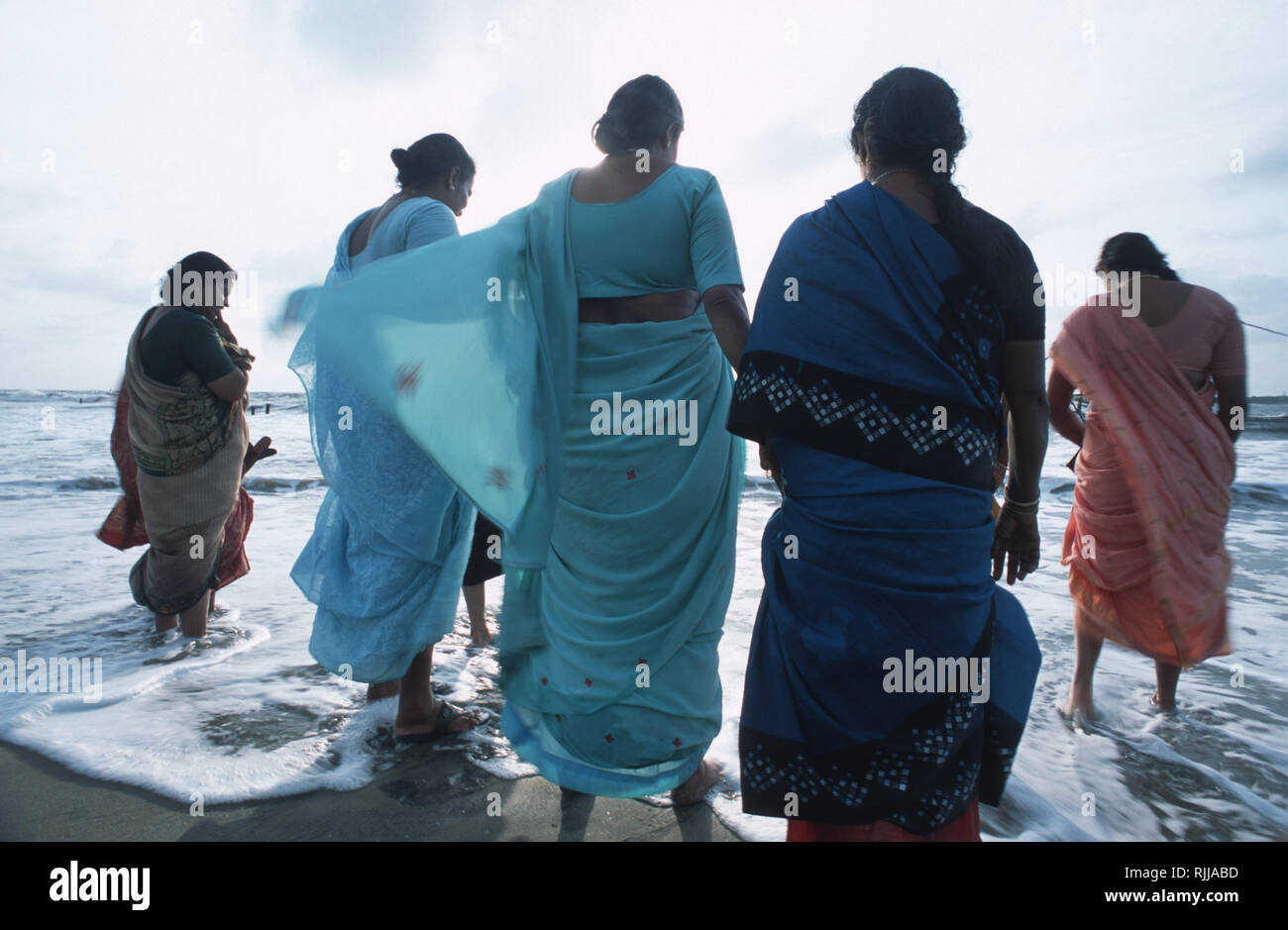 Indian ladies clad in saris wade in the cool sea waters of the Malabar ...