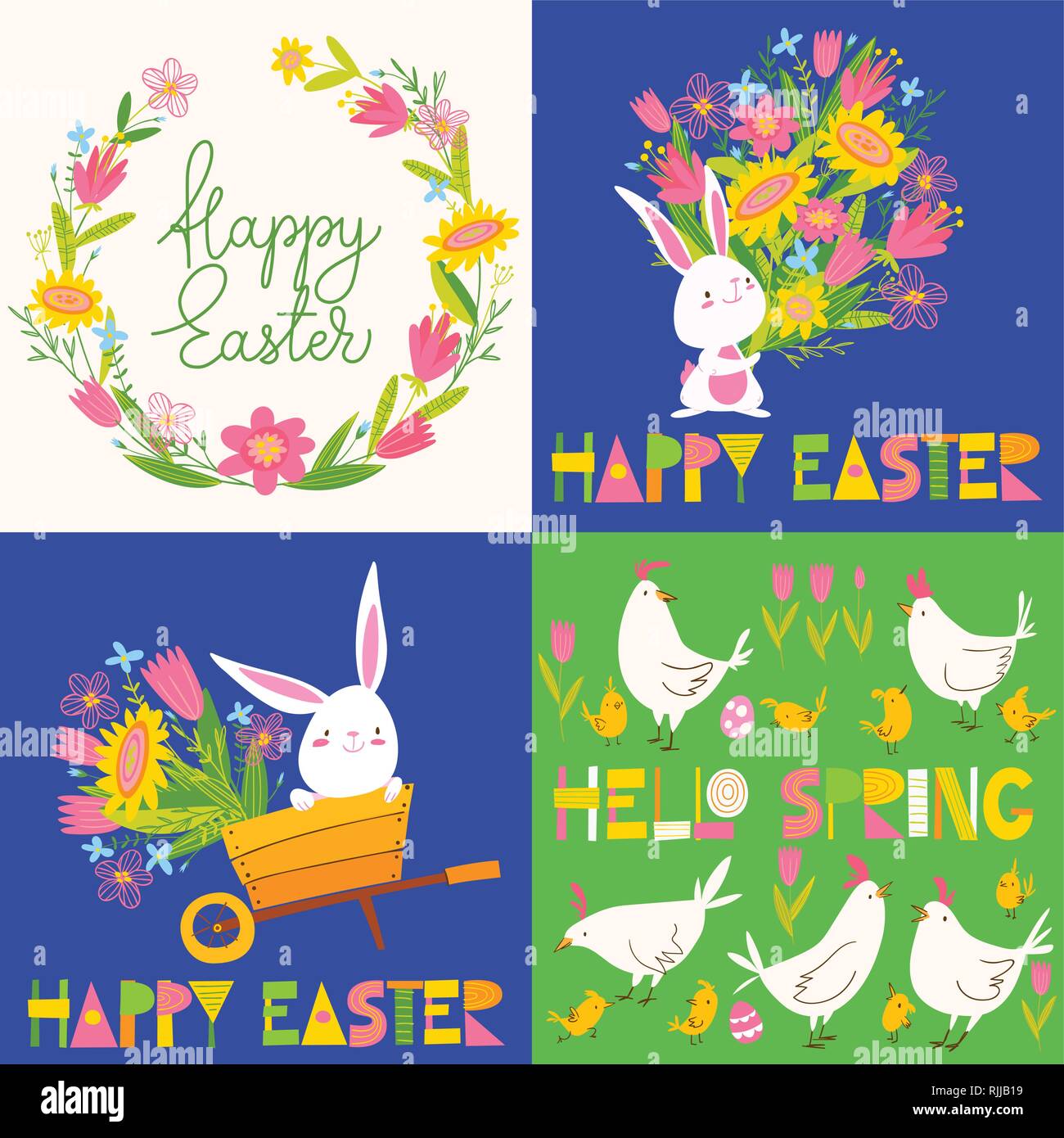 Set of four vector easter spring cards with rabbits, flowers and ...