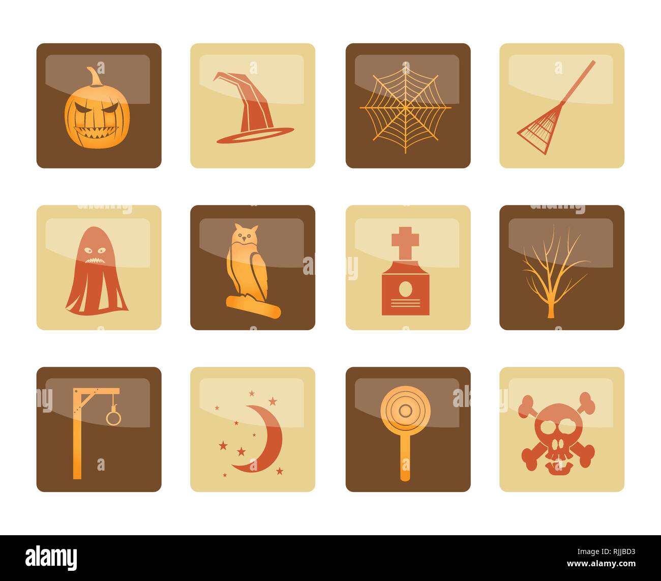 Halloween icon pack with bat, pumpkin, witch, ghost, hat over brown ...