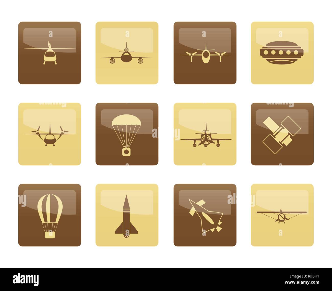 Different types of Aircraft Illustrations and icons over brown background - Vector icon set 2 ...