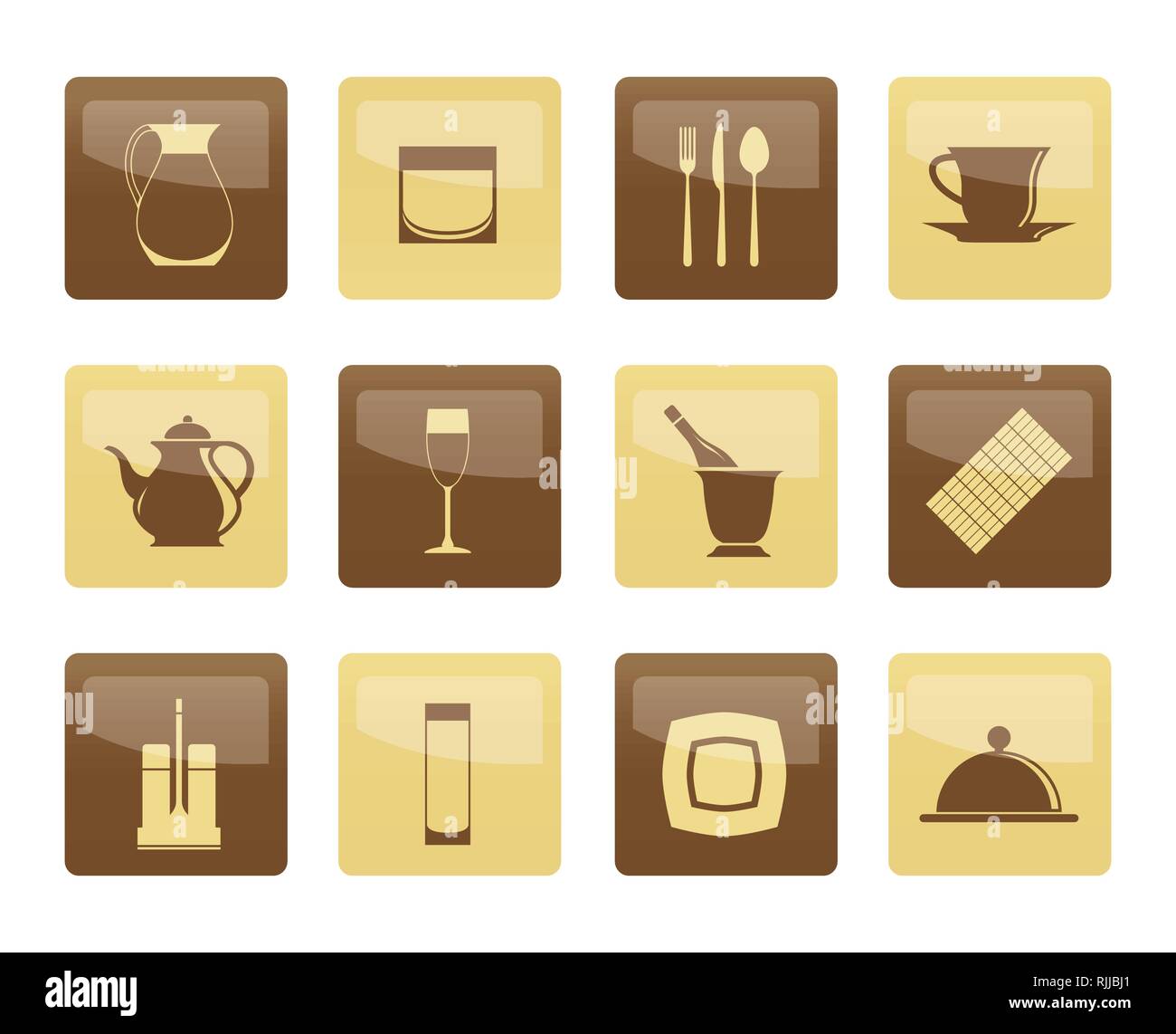 Restaurant, cafe, bar and night club icons over brown background ...