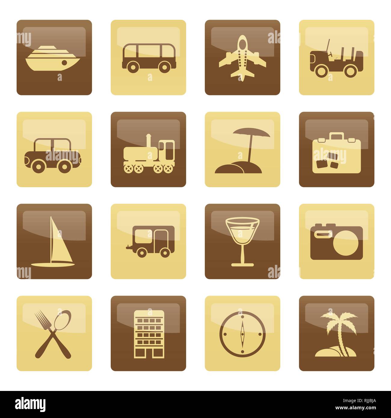 Travel, transportation, tourism and holiday icons over brown background - vector icon set Stock ...