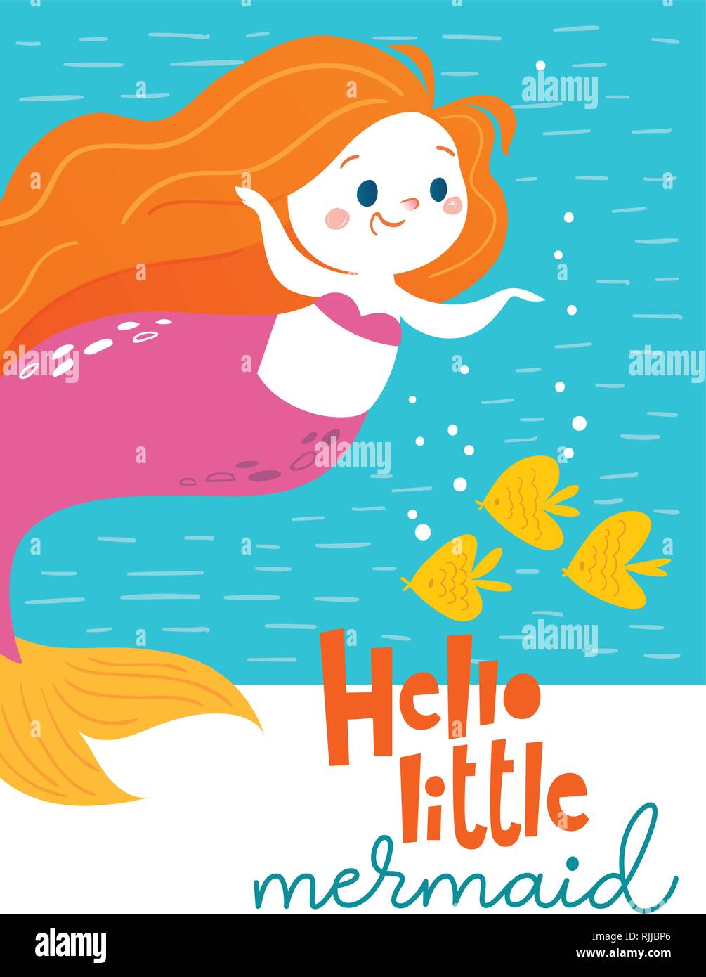 Vector cartoon summer poster with cute little mermaid Stock Vector ...