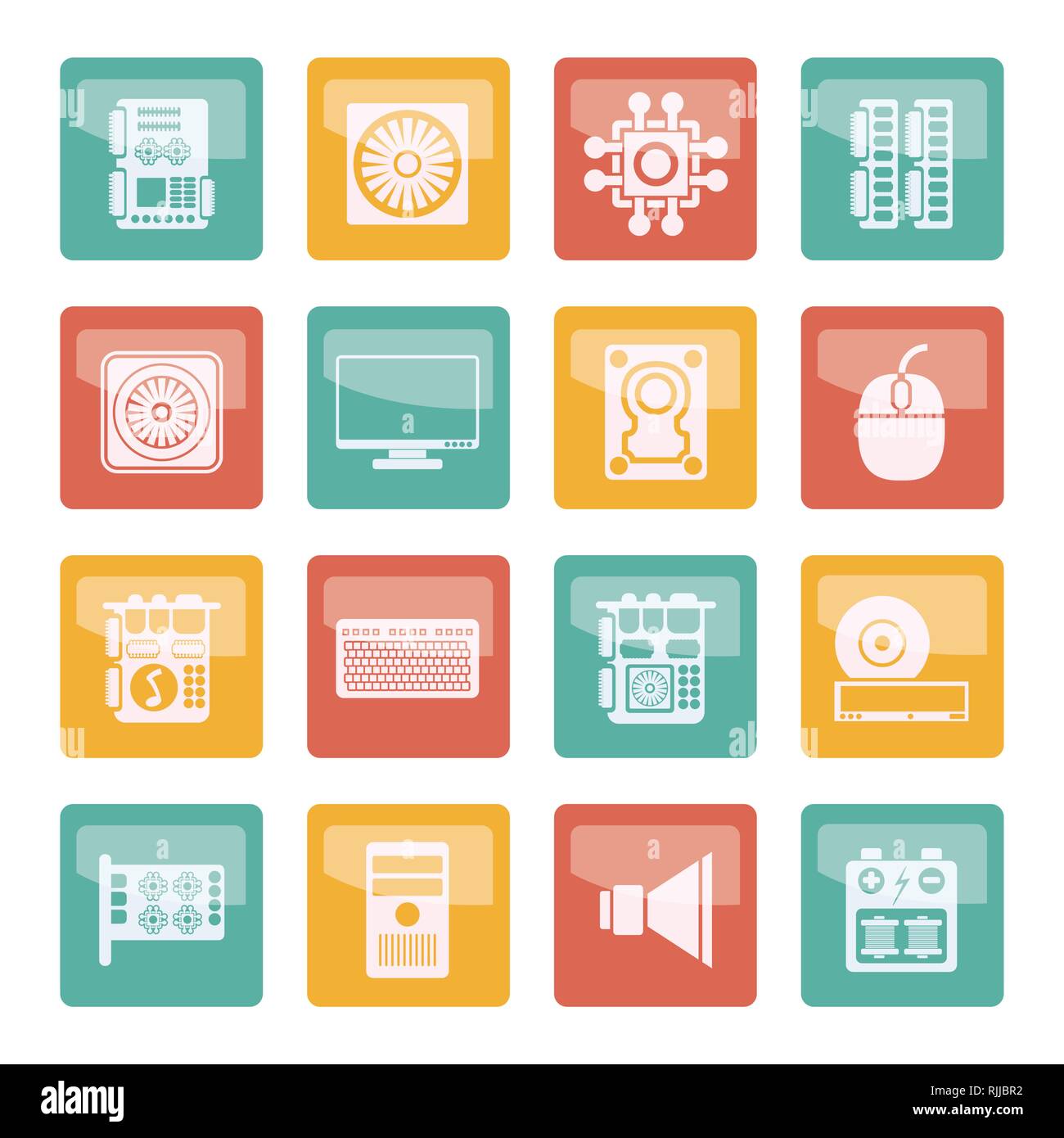 Computer performance and equipment icons over colored background ...