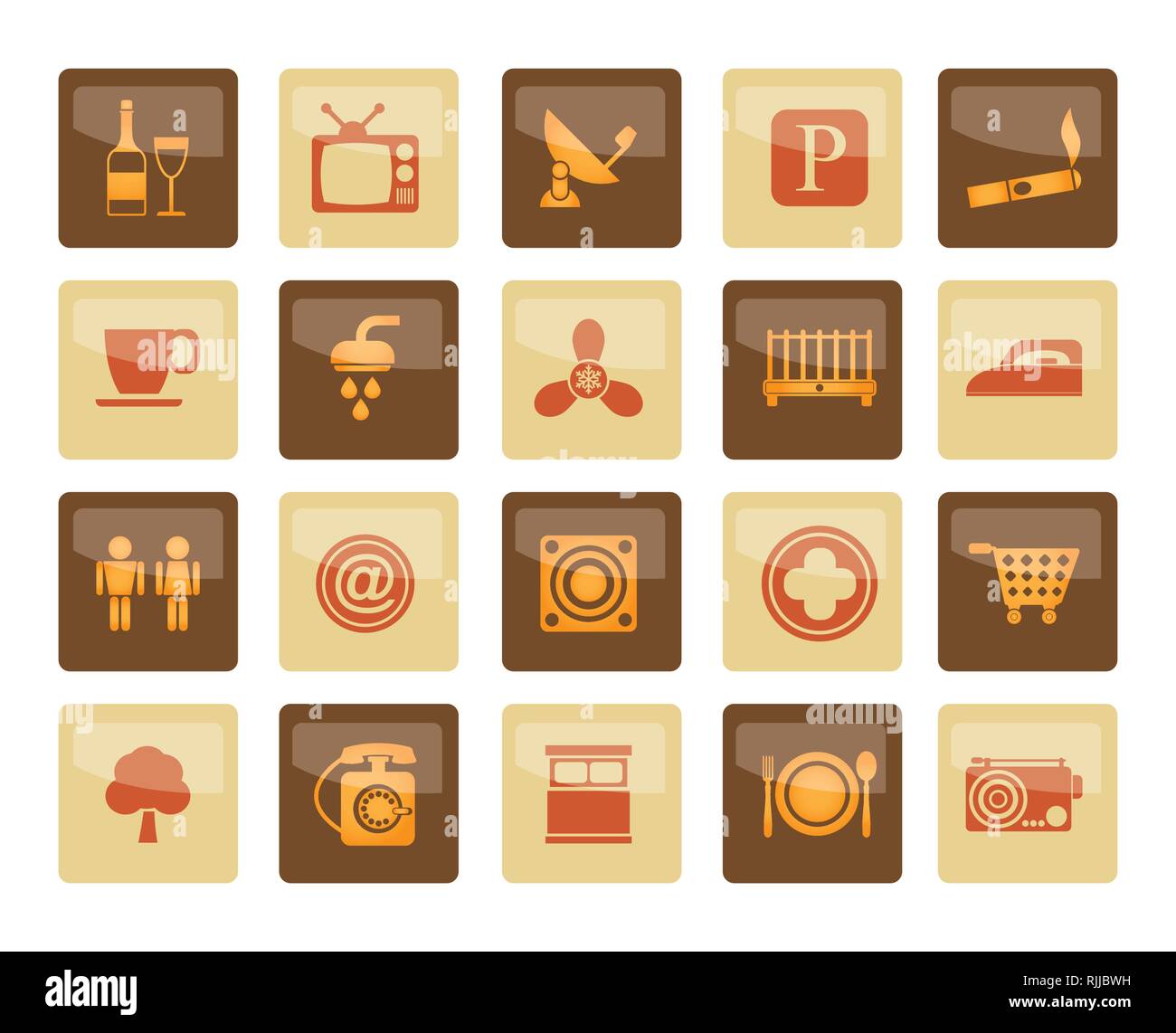 Hotel and Motel objects icons over brown background - vector icon set ...