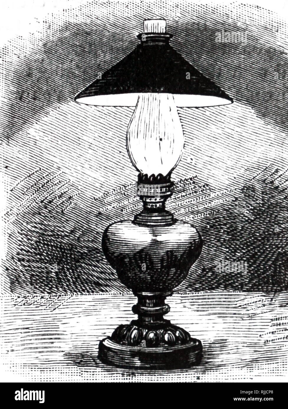 An engraving depicting an oil table lamp fitted with a shade. Dated ...