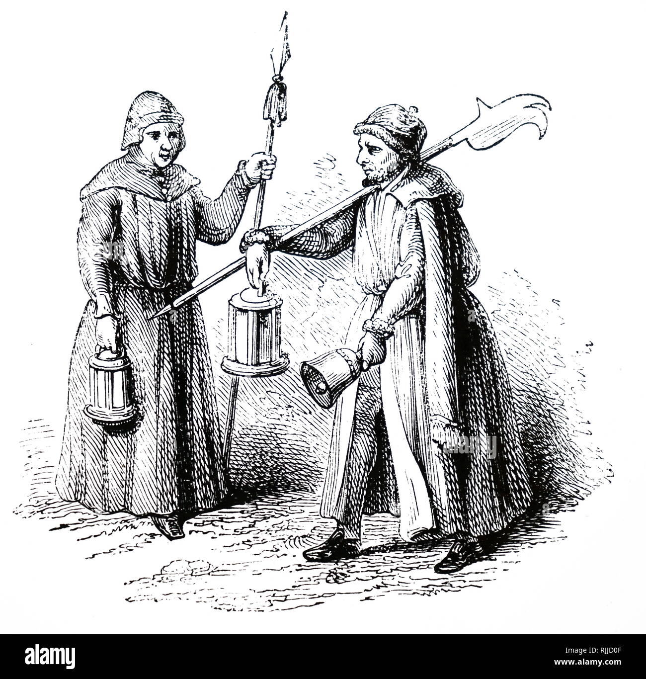 An engraving depicting 17th-century London watchmen with lanterns and ...