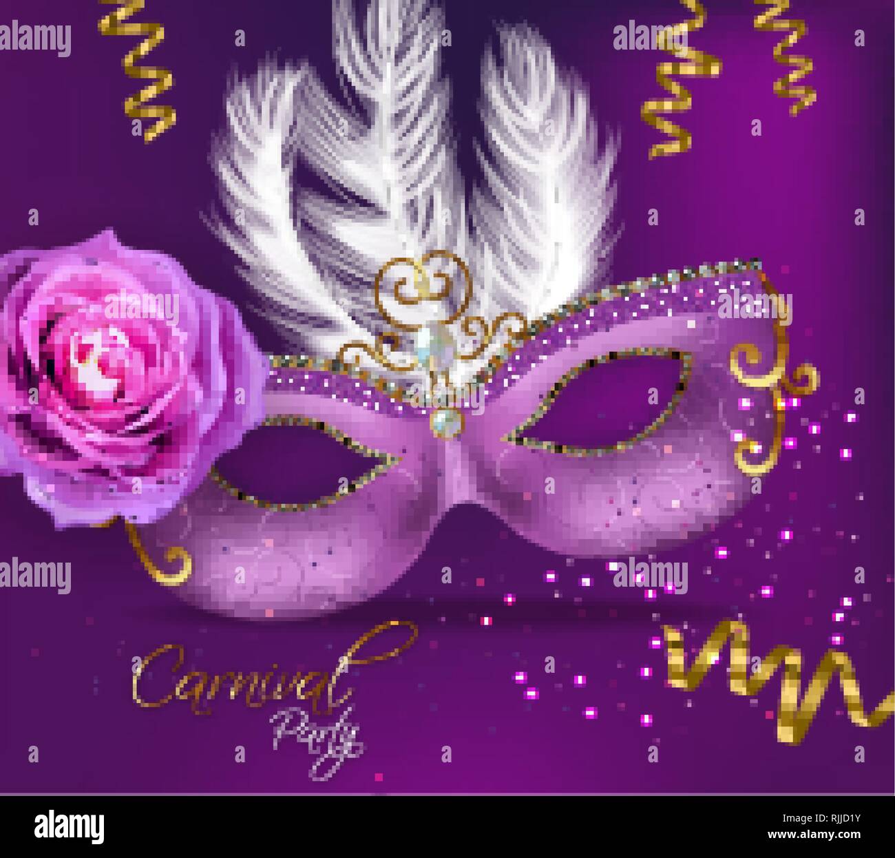 Purple ornamented mask card Vector realistic. Stylish Masquerade Party ...
