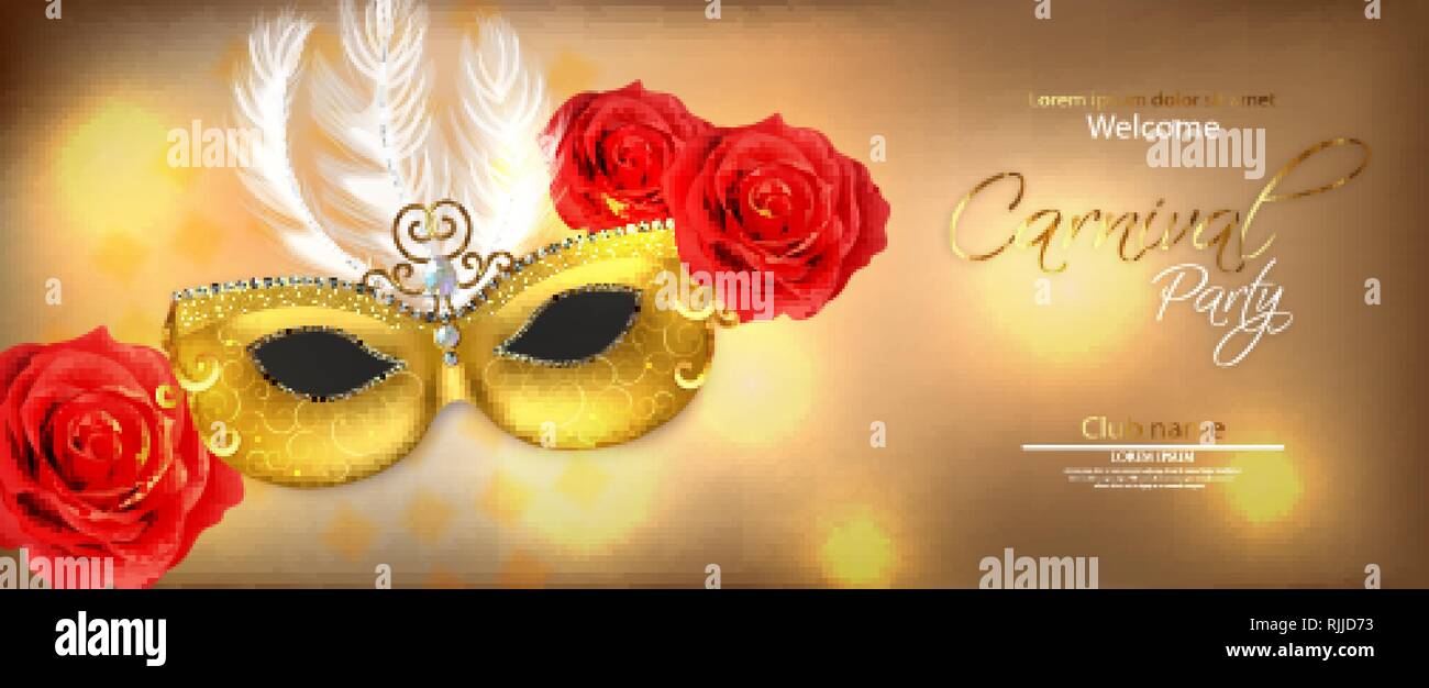 Golden mask with feathers Vector realistic. Stylish Masquerade Party ...