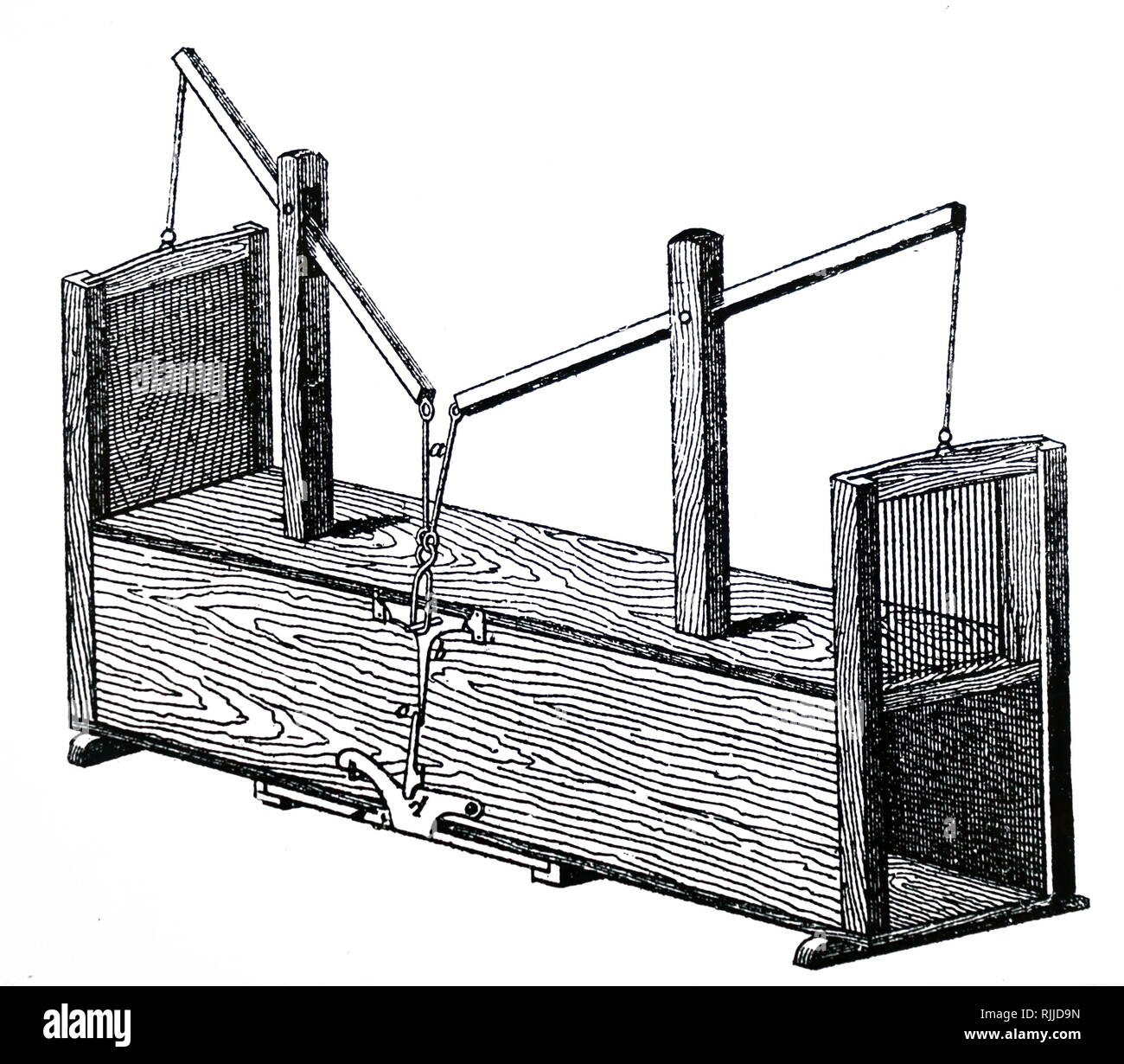 An engraving depicting a rat trap: when the bait hanging inside the ...