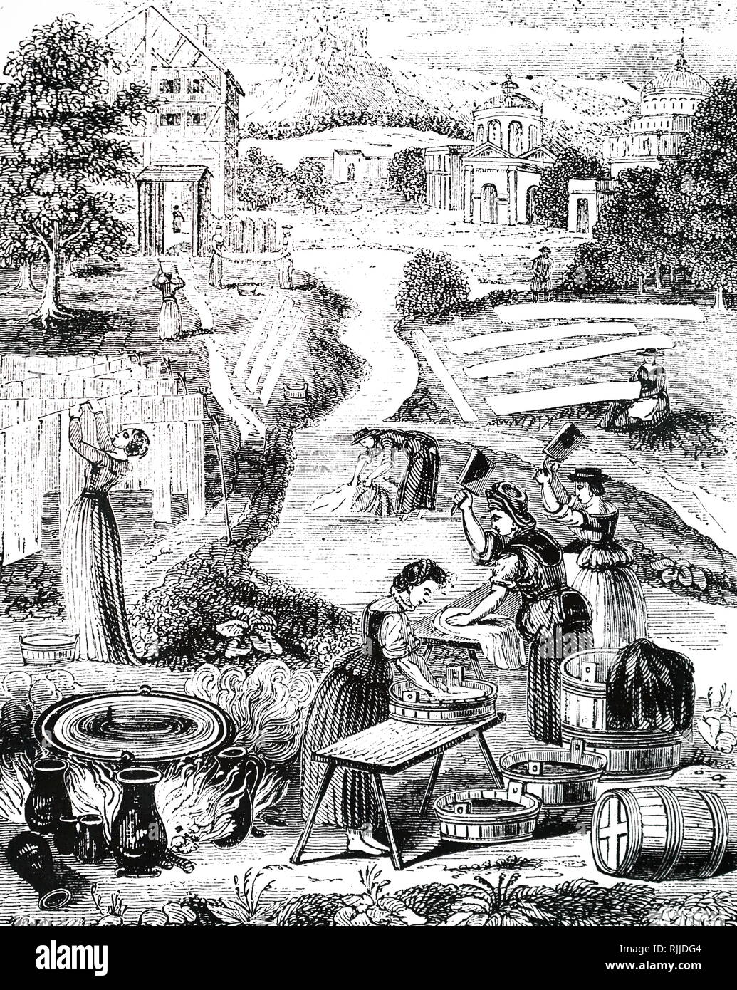 An engraving depicting a public washing and bleaching field. Dated 19th ...