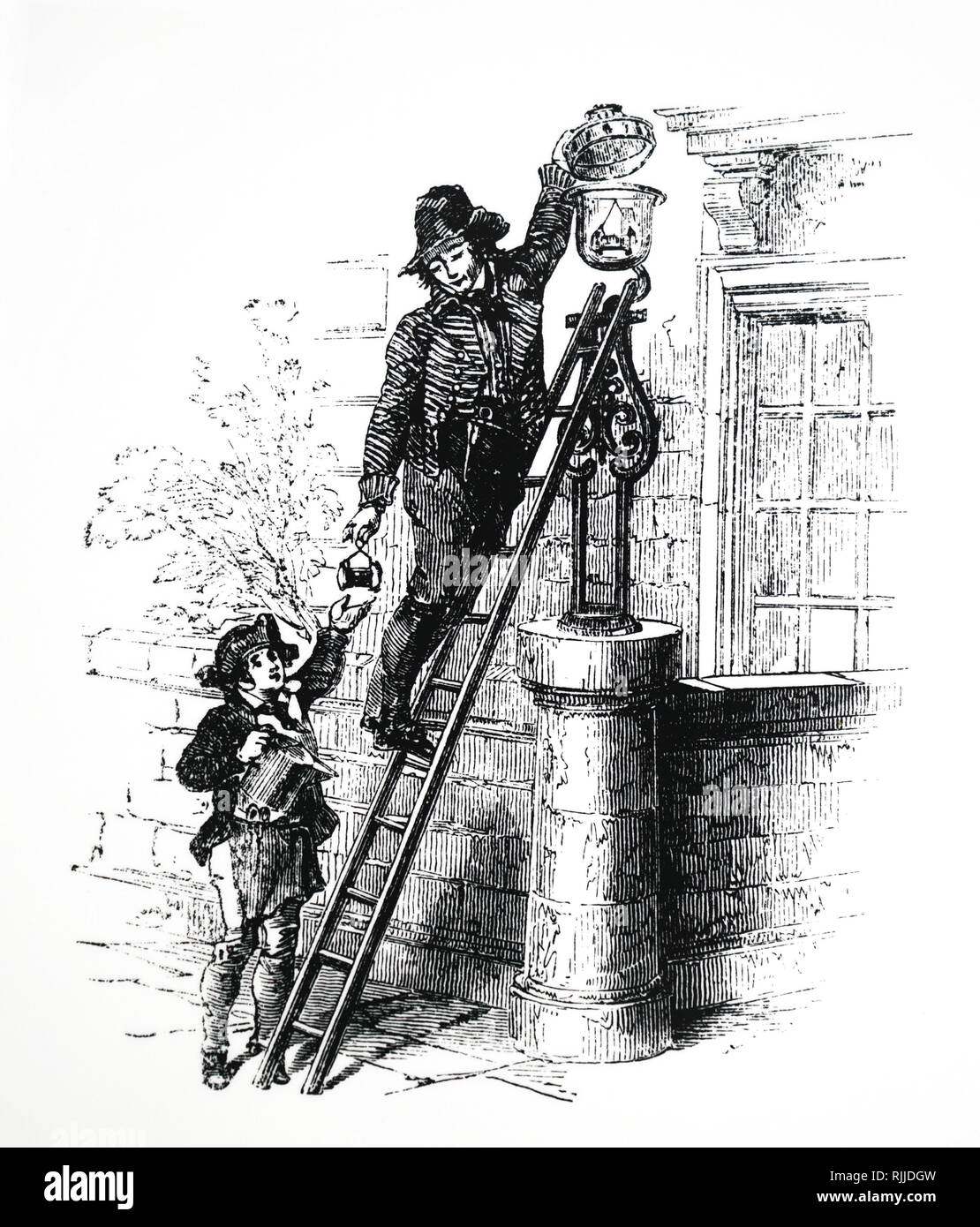 An engraving depicting a London lamplighter and his assistant ...