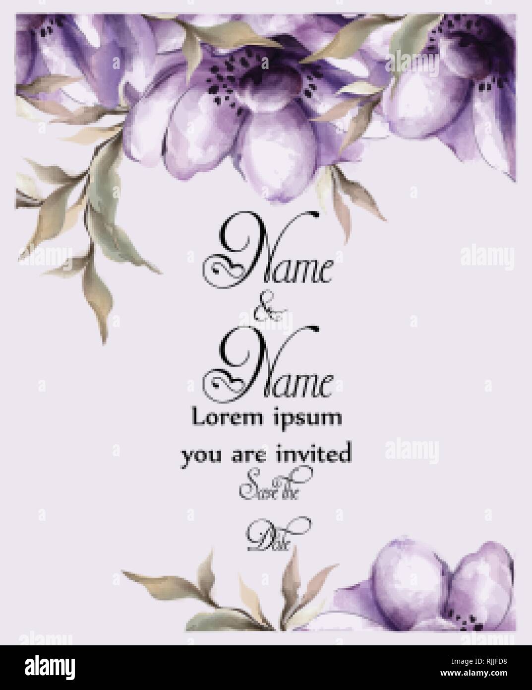 Purple flowers card watercolor Vector. Wedding invitation ceremony ...