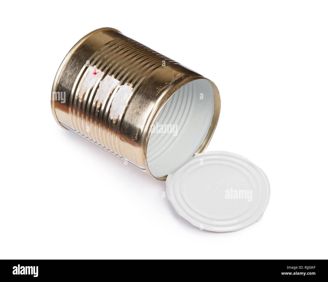 Opened empty tin can isolated on white background Stock Photo - Alamy