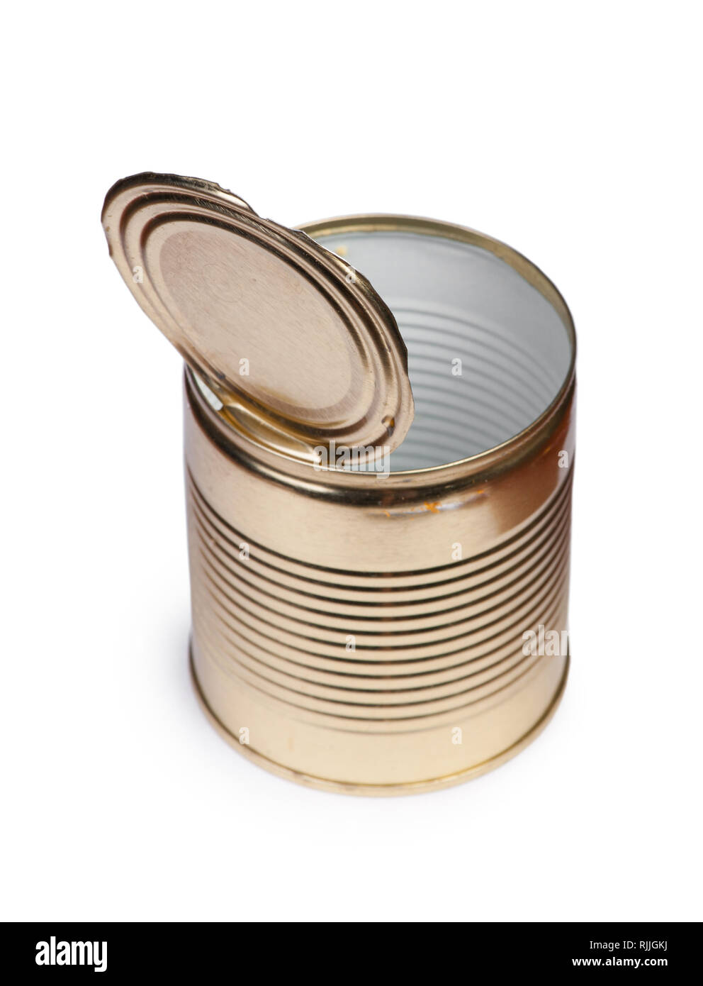 Opened empty tin can isolated on white background Stock Photo - Alamy