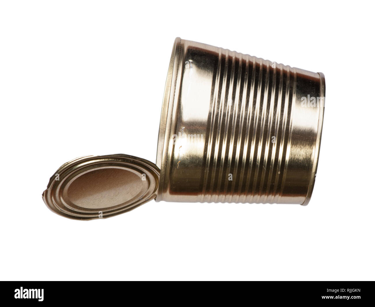Opened empty tin can isolated on white background Stock Photo - Alamy