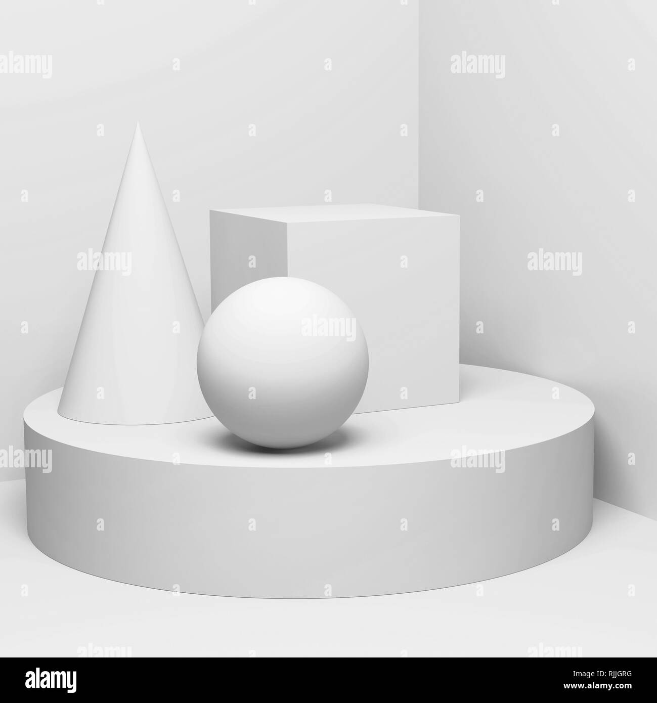 Abstract still life installation with white geometric shapes. Square 3d ...