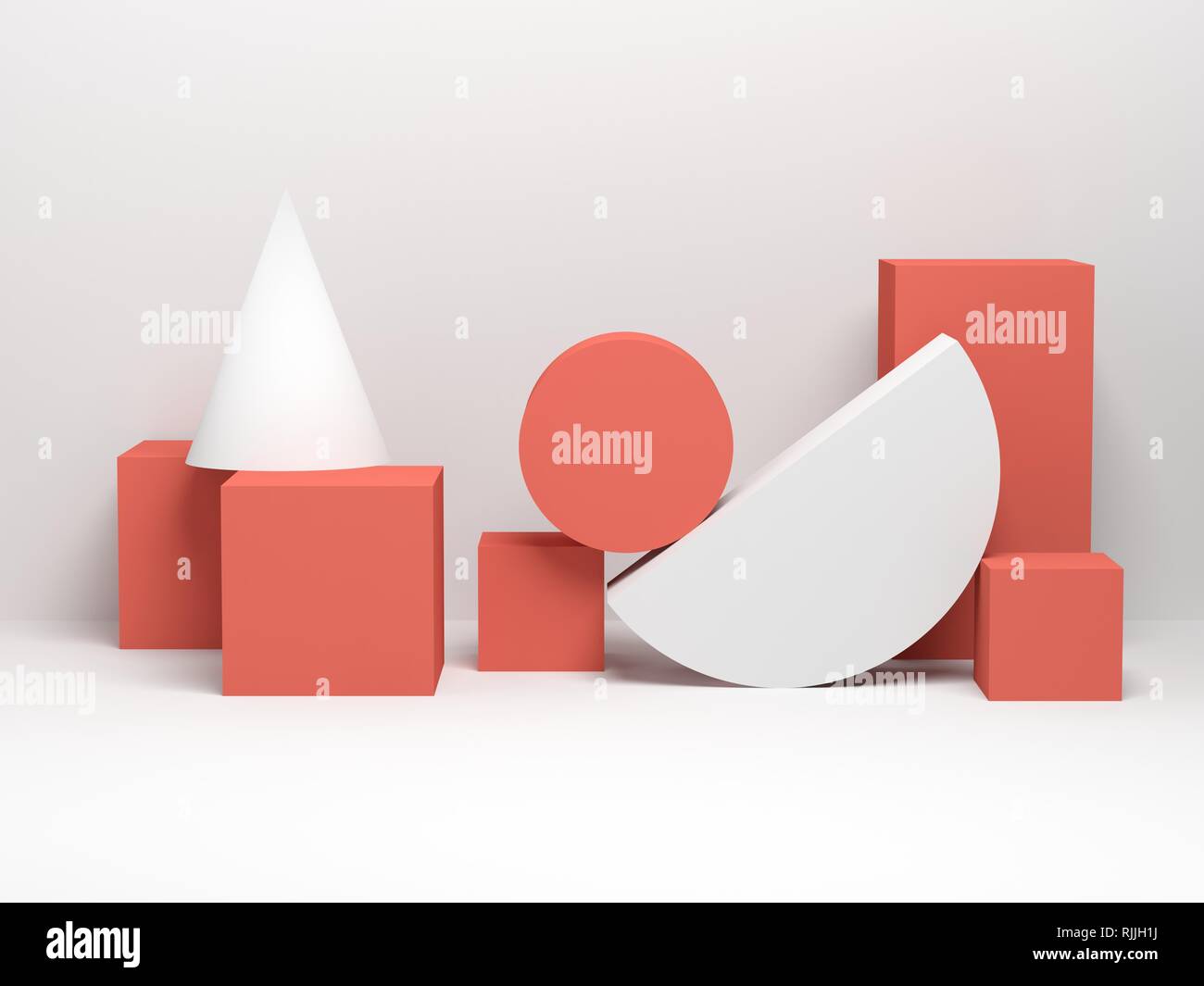 Abstract digital still life with primitive geometric shapes on white ...