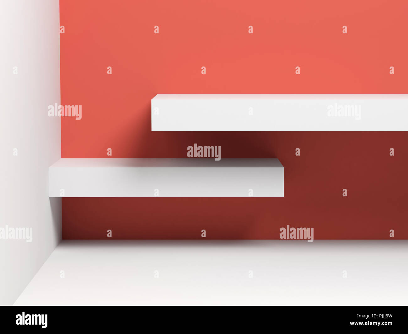 Abstract digital background with two empty white shelves on the wall ...
