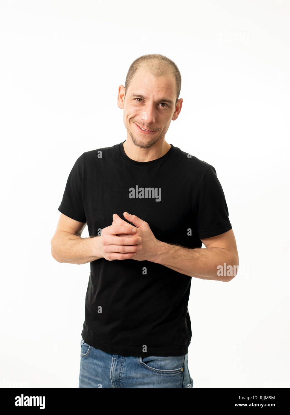 Half length portrait of handsome caucasian man with a neutral and ...