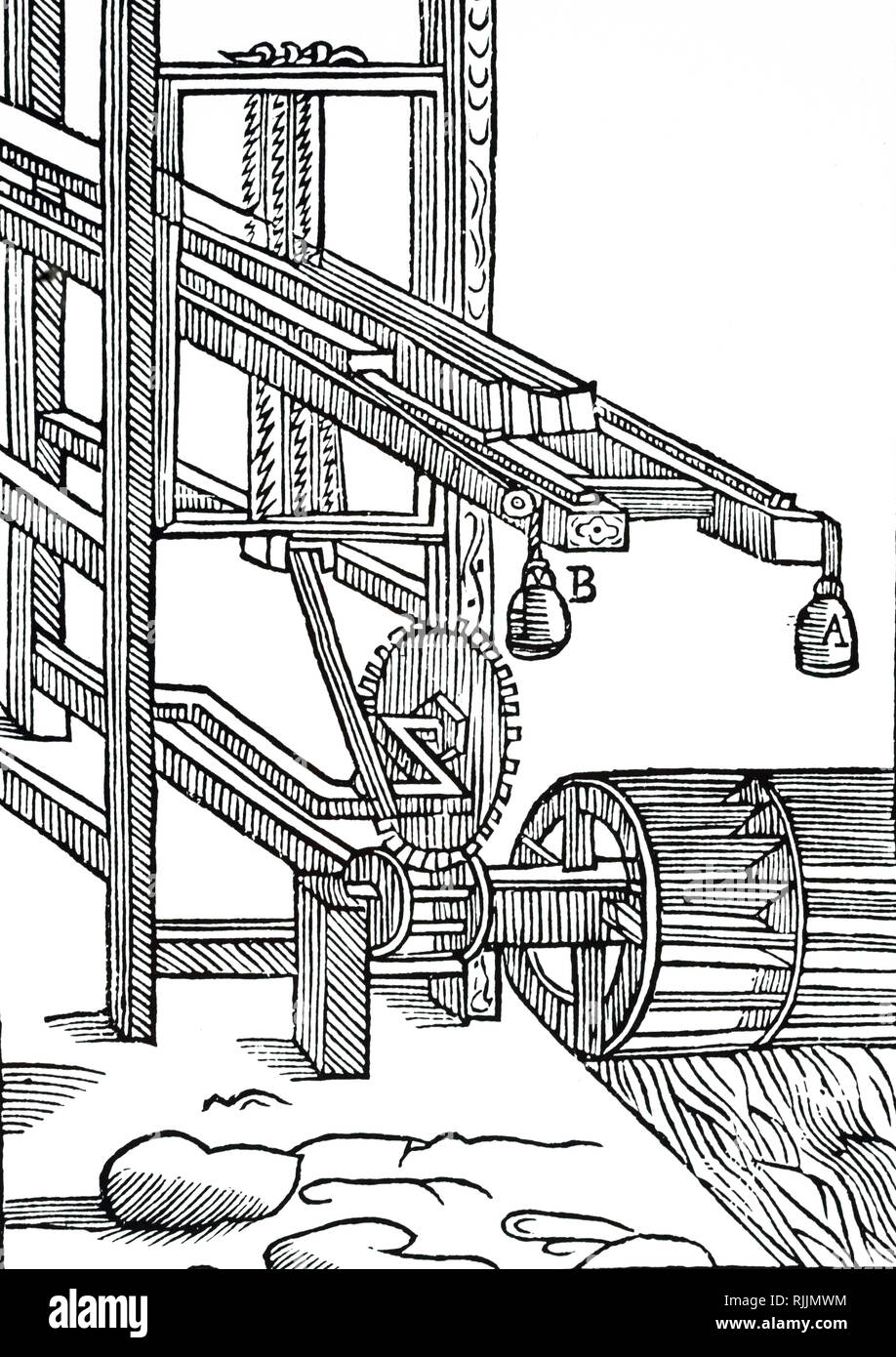 A woodcut engraving depicting a sawmill powered by an undershot ...