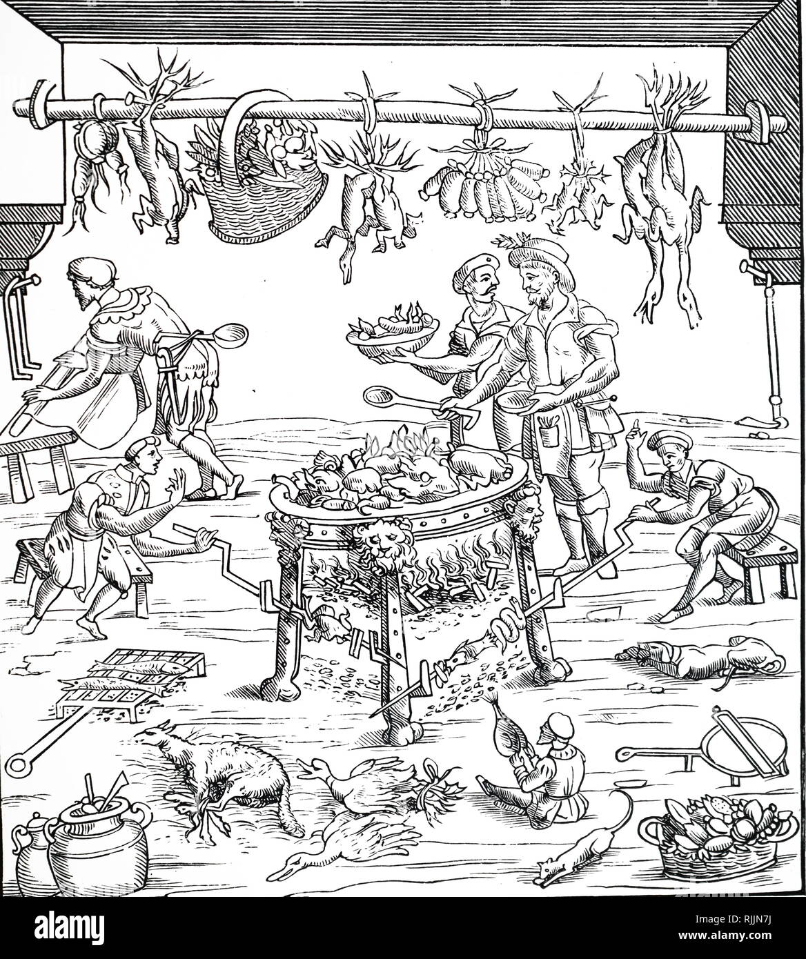A woodcut engraving depicting an Italian kitchen. Dated 16th century ...
