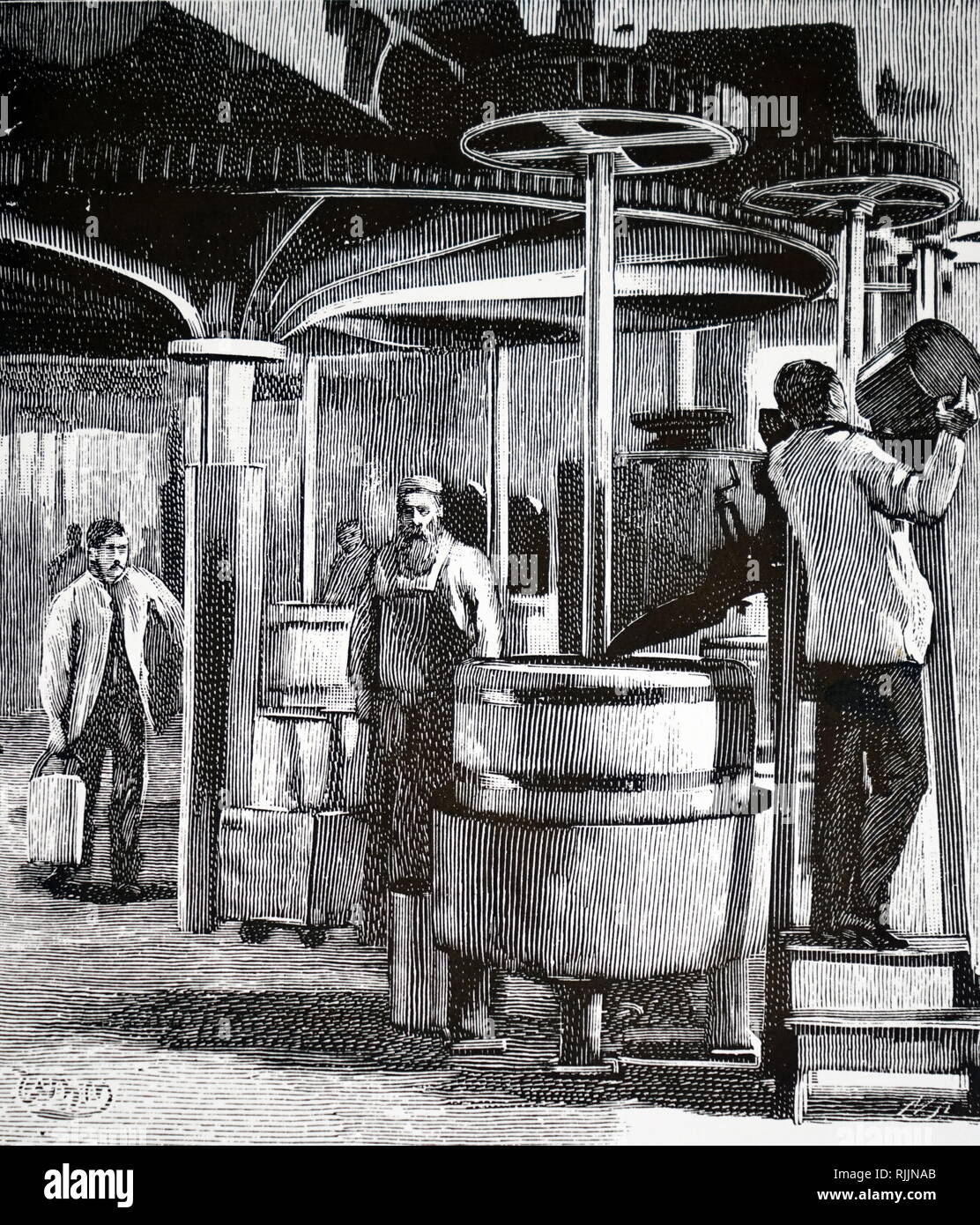 An engraving depicting the grinding room of Fry's Chocolate factory ...
