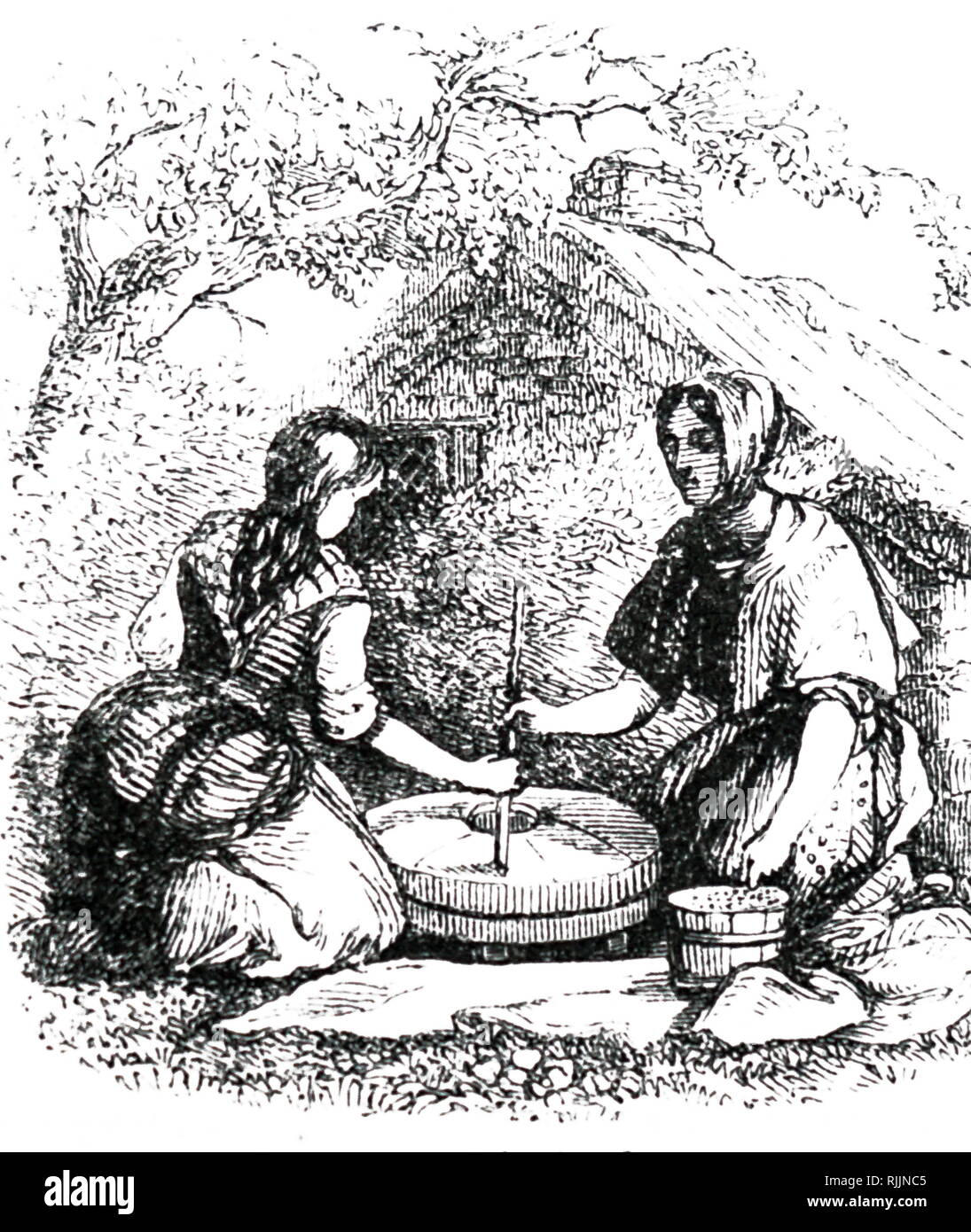 An engraving depicting women grinding corn using a quern. Dated 19th ...