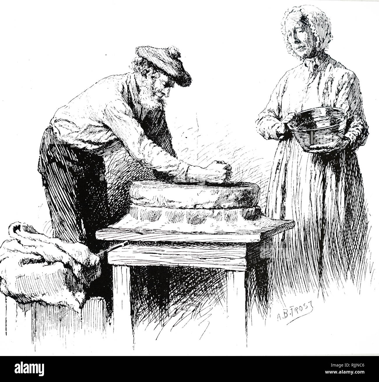 An engraving depicting a man grinding corn using a hand mill or quern ...